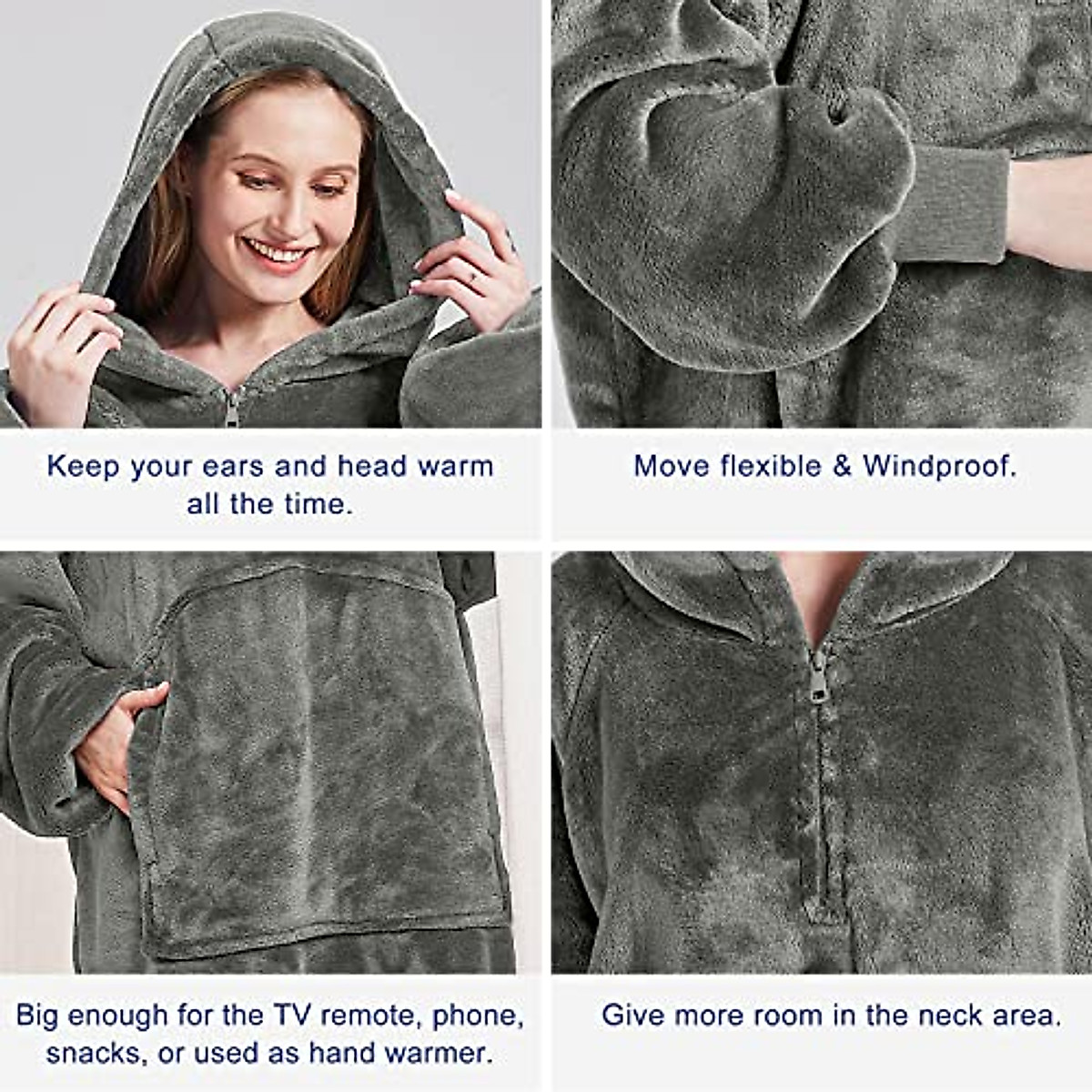 BOBOR Sweatshirt Blanket, Oversized Wearable Hoodie Fleece Blanket with Large Front Pocket for Adults, Men, Women, and Kids, Super Soft Fuzzy Warm Comfortable Flannel Blanket（Light Gray）