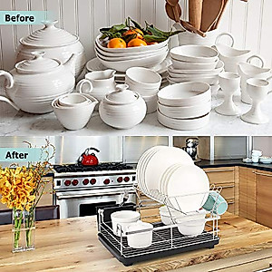 Dish Drying Rack, Small Dish Rack with Utensil Holder, Wine Glasses Holder, Compact Dish Drainer for Kitchen Counter Cabinet