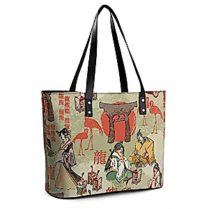 Womens Handbag Japanese Girl And Flamingo Leather Tote Bag Top Handle Satchel Bags For Lady