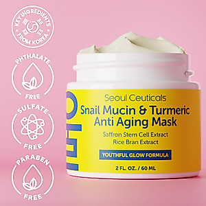 SeoulCeuticals Korean Face Mask Skin Care - Snail Mucin Turmeric Mask for Face – Cruelty Free K Beauty Anti Aging Face Mask for Healthy, Youthful Glow 2oz