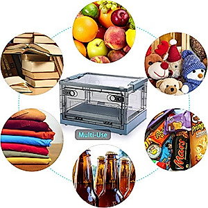 BTSKY 2 Pack Collapsible Storage Bins with Double Side Doors , 20 L Clear Plastic Folding Storage Boxes with Lid , Stackable Plastic Organization Cube Box with Wheels for Home & Office Organization, Cloth Toys Books Snacks Bottles(Blue)