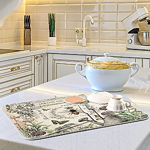 Vintage Bee Garden Dish Drying Mats for Kitchen Counter Reversible Absorbent Polyester Material Large Kitchen Microfiber Mat 18 x 24 Inch