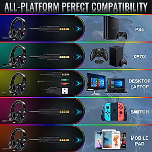 NJSJ Gaming Headset for PS4 PC Xbox One PS5 Controller, Gaming Headphones with Noise Canceling Microphone,Surround Sound,RGB LED Light,Soft Memory Foam Ear Pads for PC, Mac, Laptop, Cell Phones