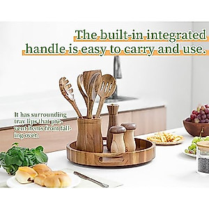 Lazy Susan Wooden Round Tray with Built-in Handles, Farmhouse Wood Serving Tray with Rotating System, Multifunctional Organizer Tray for Home Decorations Bath Vanity Tray Kitchen Counter Ottoman Tray