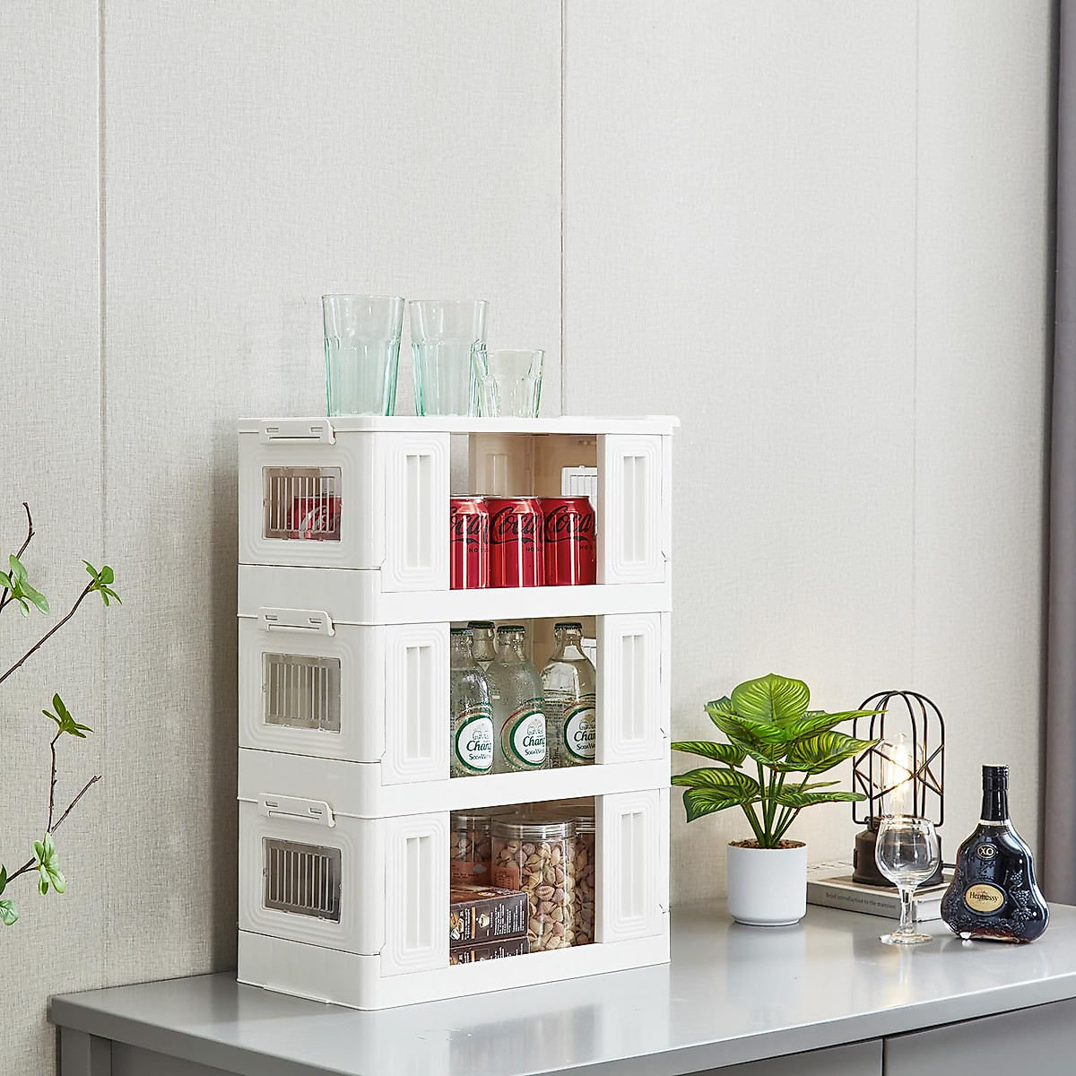 Bagnizer 3 Tiers Narrow Plastic Storage Bins with Lids and Wheels, No Door 49QT Stackable Collapsible Storage Organizers Box Containers for Bedroom, Dorm Room, Off White, 16 x 8 x 24”