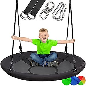 SereneLife Saucer Swing with Hang Kit, Outdoor Tree Swing with Swivel Spinner for Kids (Black)