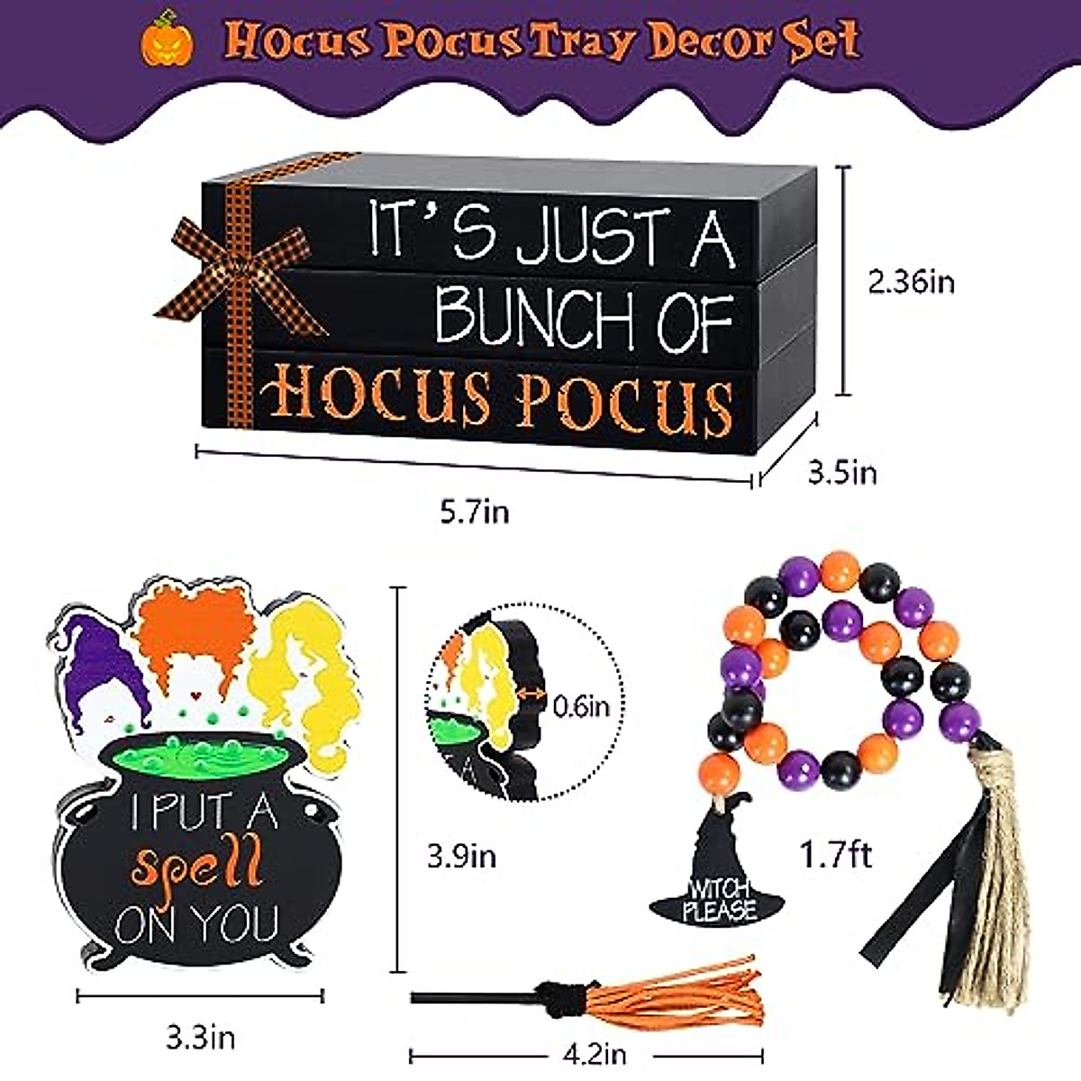 Hocus Pocus Halloween Decorations for Home Indoor - 1 Set of Halloween Wooden Faux Book Stack, 1 Sanderson Sisters Witches Cauldron Sign, 1 Bead Garland & 1 Broom, Halloween Table Tiered Tray Decor