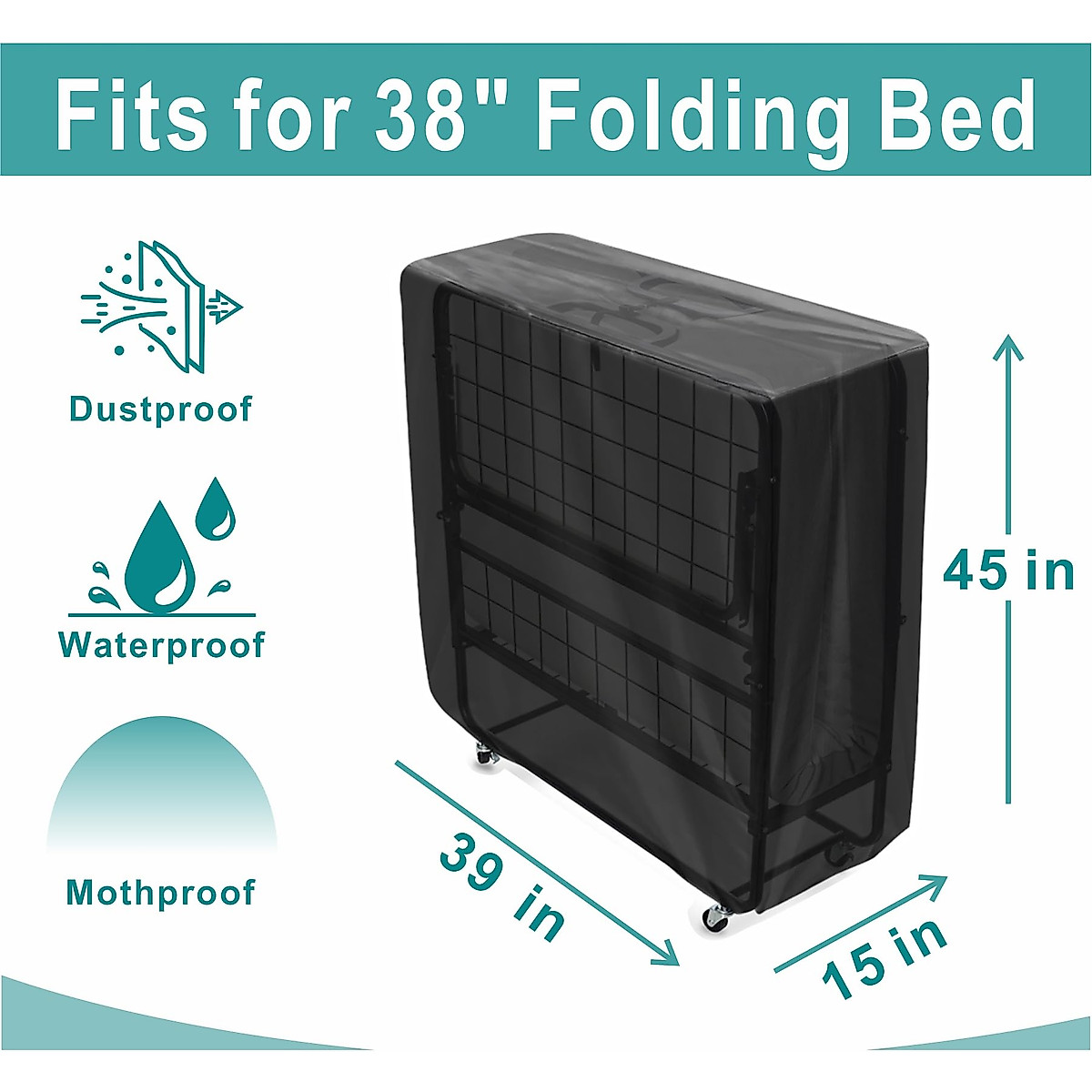 Folding Bed Storage Cover - 38" Waterproof Dustproof Universal Rollaway Bed Protector Cover - Fits 38 Inch Folding Bed (39 "L × 15" W × 44.8 "H) - Black