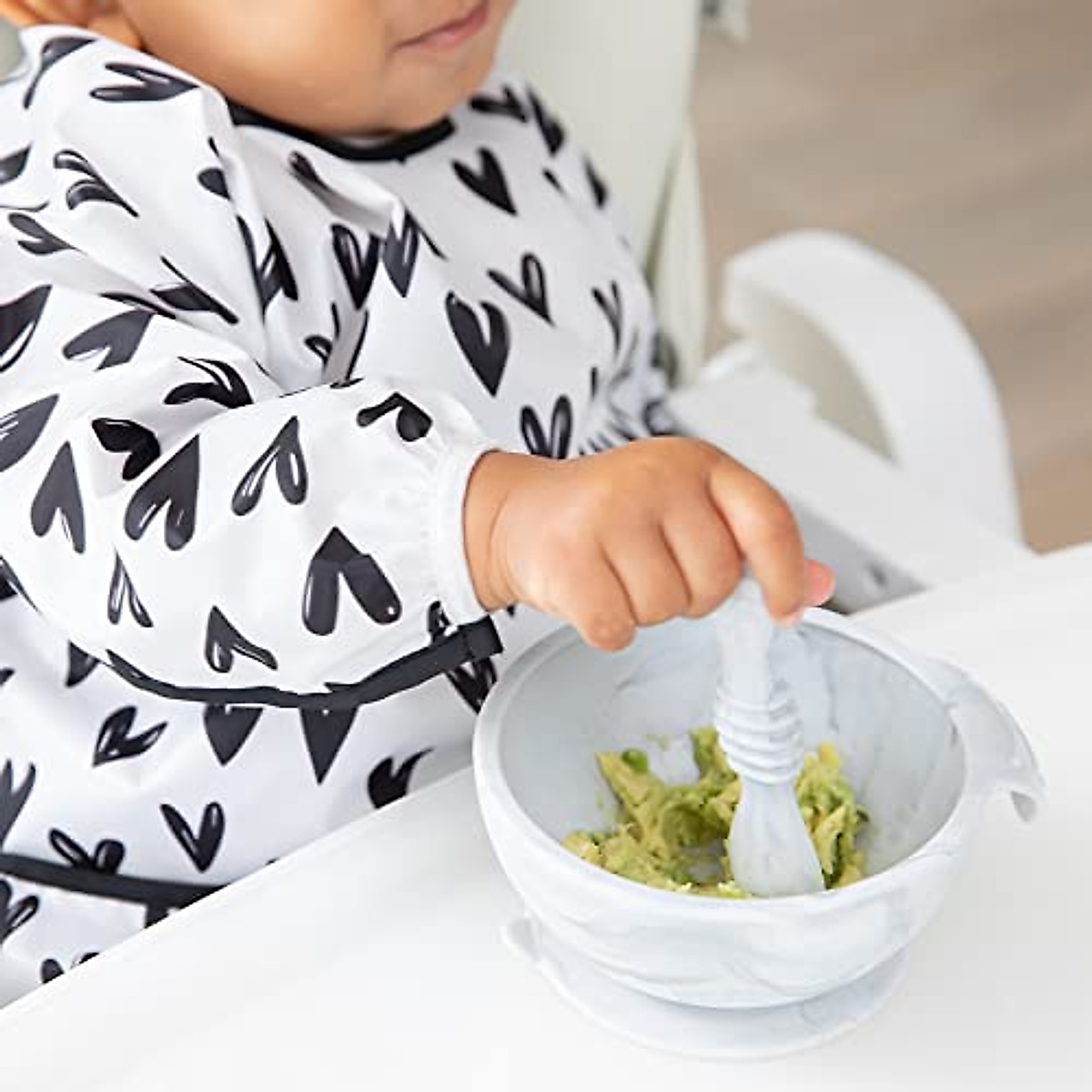 Bumkins Baby Bowl, Silicone Feeding Set with Suction for Baby and Toddler, Includes 4 Spoons and Lid, First Feeding Set, Training Essentials for Baby Led Weaning for Babies 4 Months Up, Marble