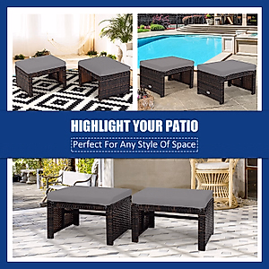 DORTALA 2 Piece Patio Wicker Ottomans, Outdoor Foot Rest with Cushions, PE Rattan Footstool for Patio, Garden, Poolside, Grey