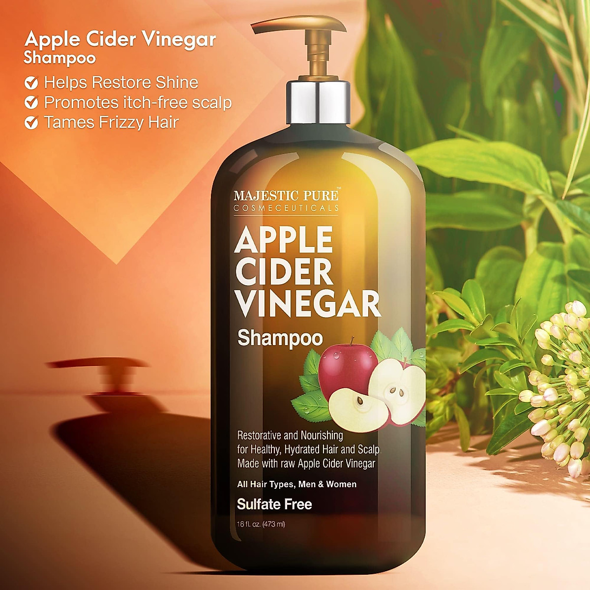 MAJESTIC PURE Apple Cider Vinegar Shampoo - Restores Shine & Reduces Itchy Scalp, Dandruff & Frizz - Sulfate Free, for All Hair Types, Men and Women - 16 fl oz