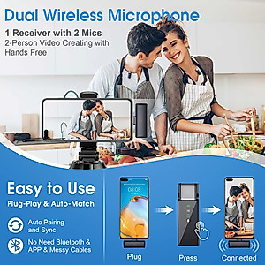 Wireless Lavalier Microphone for iPhone iPad Android, 2 Pack Mini Clip on Lapel Microphone Wireless with 600mAh Charging Case for Video Recording Interview YouTube Vlog Tiktok, 82FT, Plug-Play