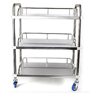 Utility Cart On Wheels, 3 Tiers Silver Trolley Stainless Steel Durable Lab Mobile Serving Cart With 4-Wheel, Lockable Commercial Wheel Dental Lab Cart Utility Services Tool For Laboratories, Hospitals