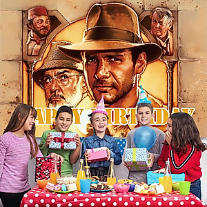 Indiana Jones Party Supplies, 5x3FT Indiana Jones Happy Birthday Party Banner Indiana Jones Party Decoration Backdrop Background for Baby Shower Girls and Boys