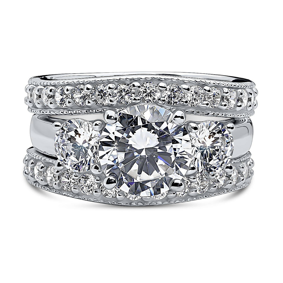 BERRICLE Sterling Silver 3-Stone Wedding Engagement Rings Round Cubic Zirconia CZ Ring Set for Women, Rhodium Plated Size 9.5