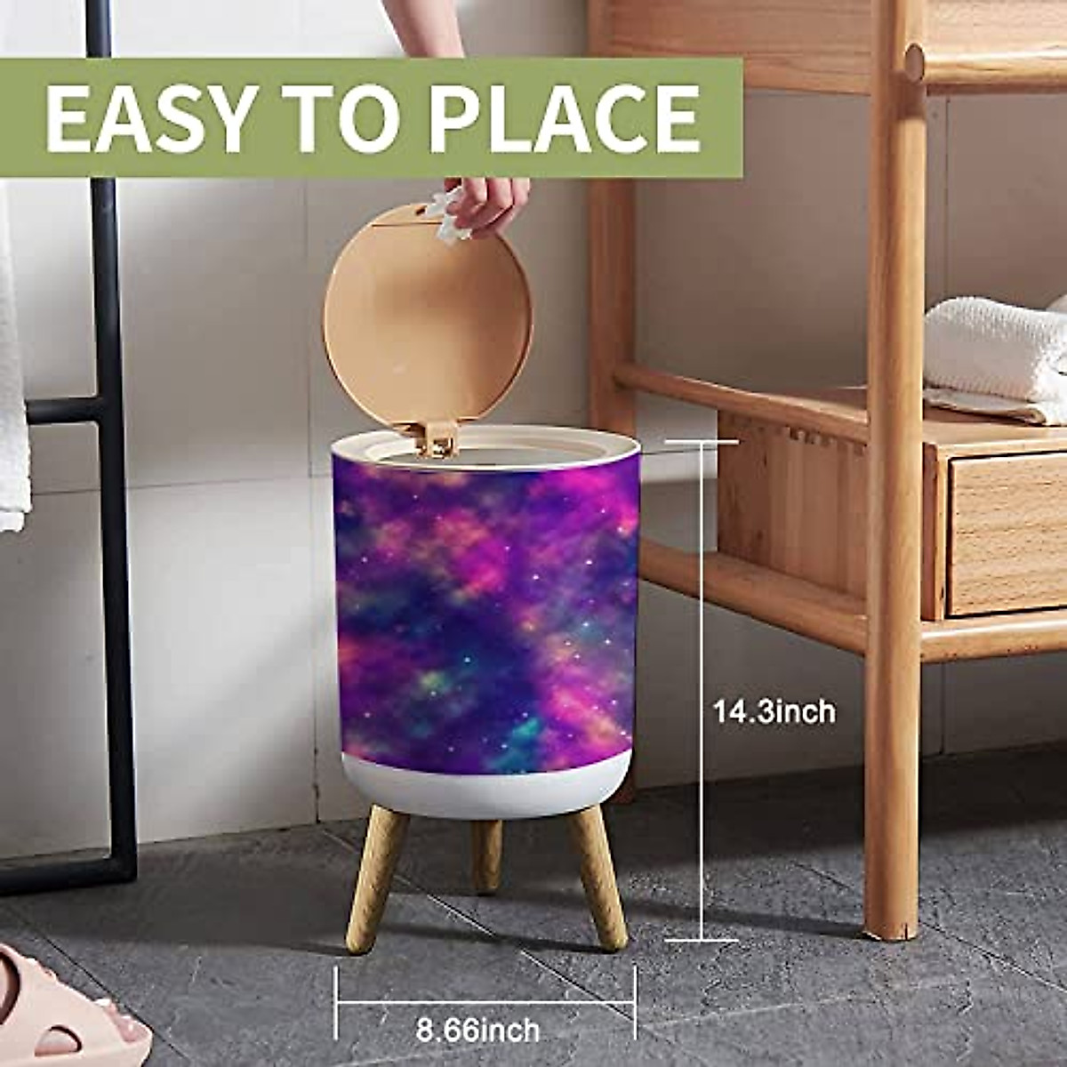 Small Trash Can with Lid Space seamless Universe repeat bright marble abstract liquid texture Garbage Bin Wood Waste Bin Press Cover Round Wastebasket for Bathroom Bedroom Diaper Office Kitchen