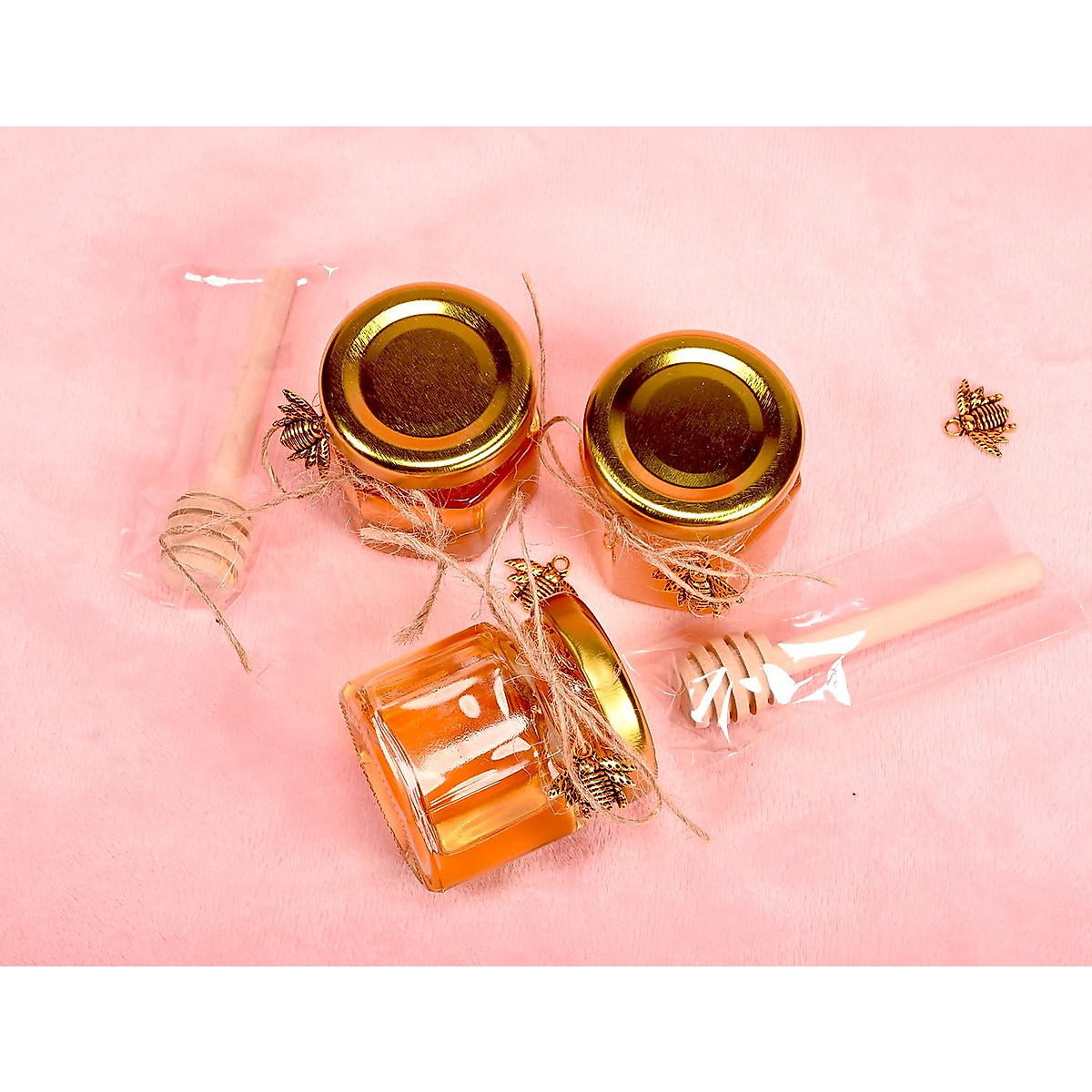 Adabocute 40-Count 1.5 oz Mini Hexagonal Glass Honey Jars - Small with Wooden Dippers, Bee Charms, Gold Gift Bags and Jutes Lids for Baby Shower, Wedding Party Favors