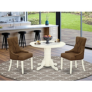 East West Furniture SHFR3-WHI-18 3 Piece Dining Table Set Contains a Round Dining Room Table with Pedestal and 2 Brown Linen Linen Fabric Parsons Dinette Chairs, 42x42 Inch, Linen White