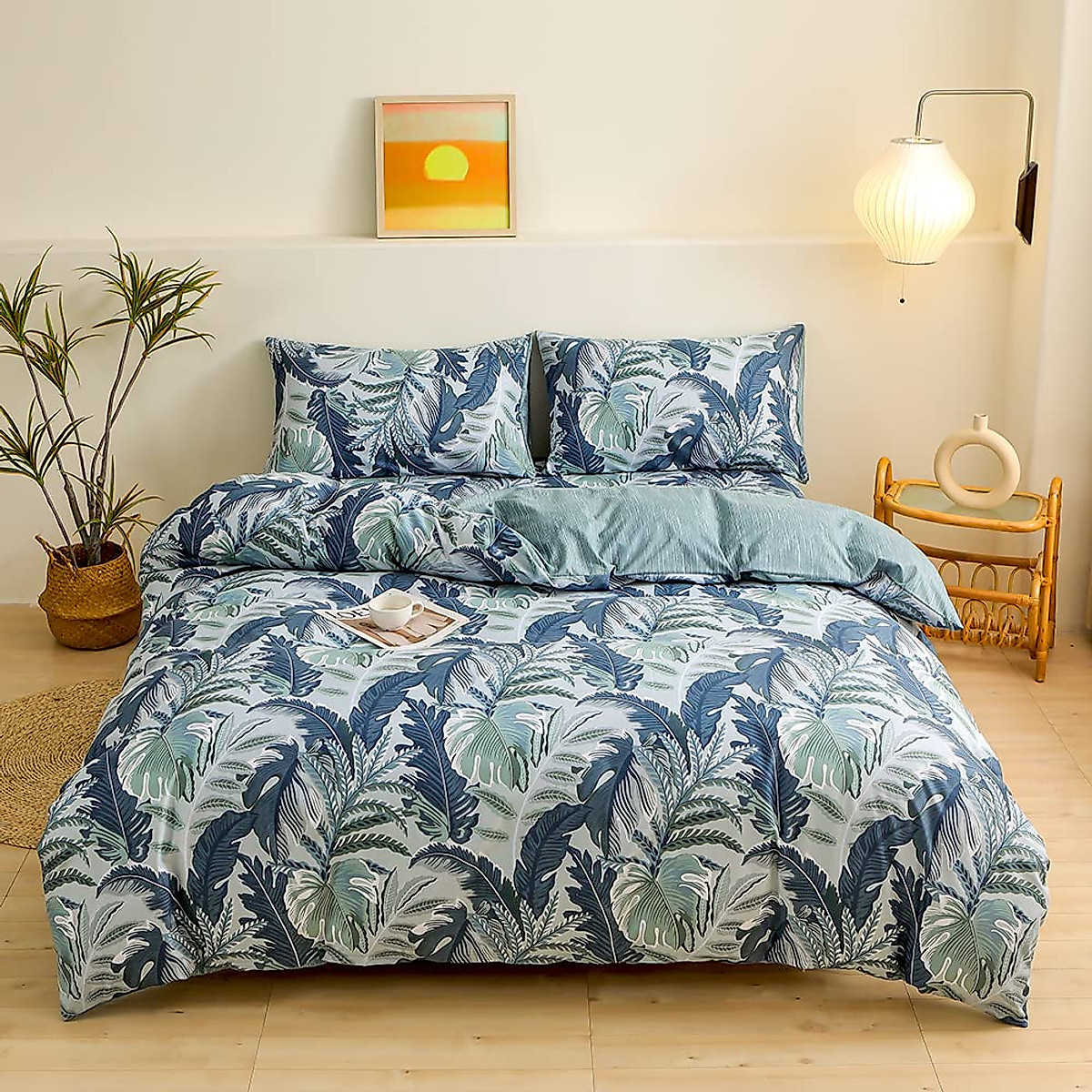 Koudi Tropical Duvet Cover Set Queen Blue Green Palm Leaves Monstera Plant Bedding Set Rainforest Botanical Microfiber Comforter Cover with Zipper Ties