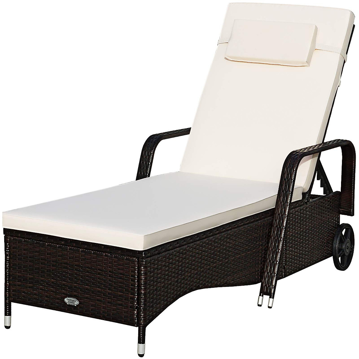 Tangkula Patio Chaise with Wheels, 6 Positions Adjustable Outdoor Lounger Chair with Steel Frame, Mix Brown Weaving Rattan, Cushion and Head Pillow, Suitable for Poolside, Balcony and Garden