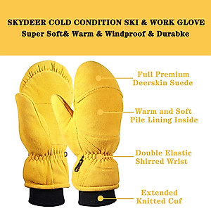 SKYDEER Full Genuine Deerskin Suede Leather Mittens with Pile Lining, Winter Gloves for Cold Weather Work and Ski (SD8677M/XL)