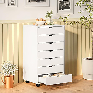 Sweetcrispy 7 Drawer Chest - Storage Cabinets Dressers Wood Dresser Cabinet with Wheels Mobile Organizer Drawers for Office, Home, White