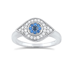 SILVERCLOSEOUT Rhodium Plated Sterling Silver Womens Blue Cz Evil Eye Ring - Size 7