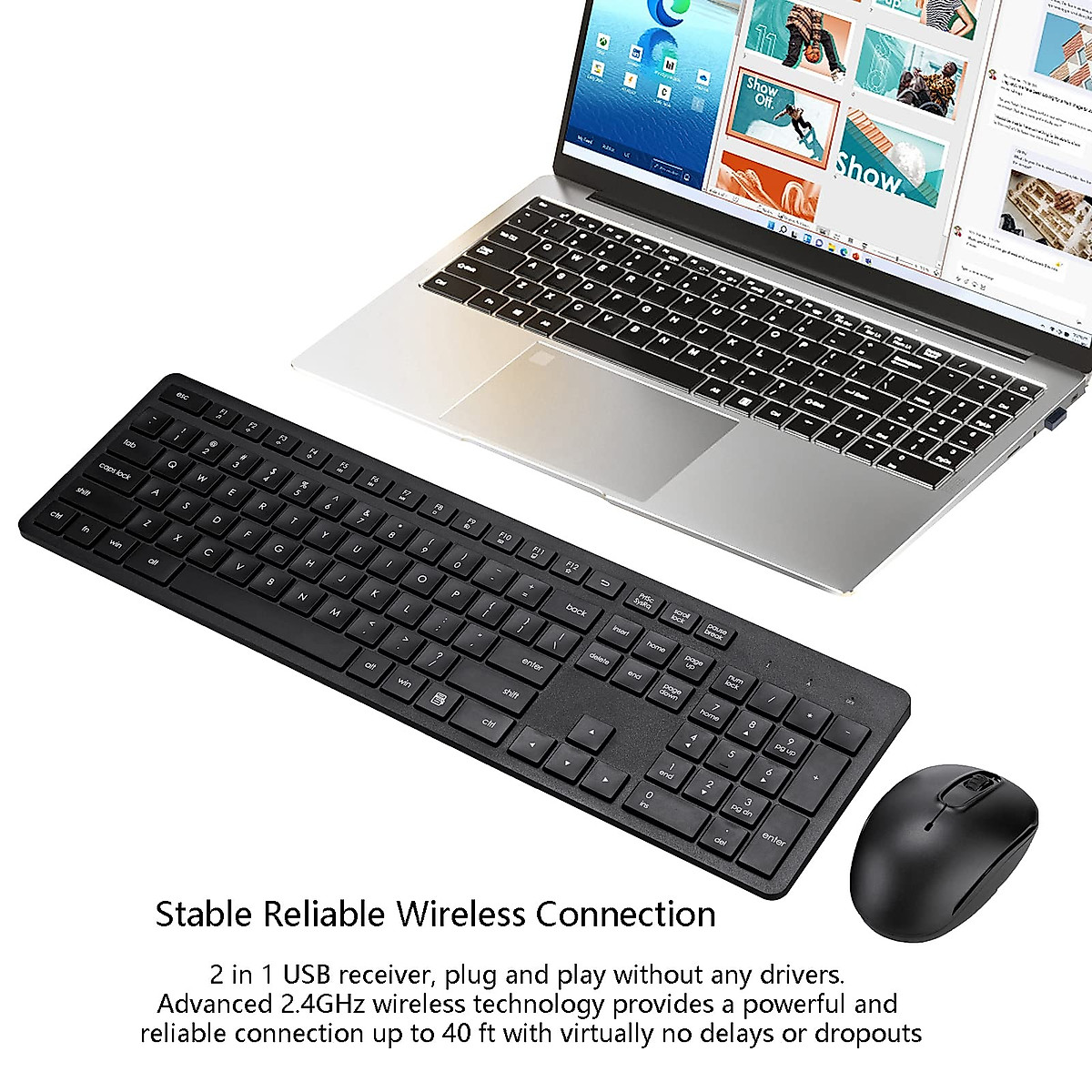 Wireless Keyboard and Mouse Combo, 2.4G Silent Cordless Keyboard Mouse Combo for Windows Chrome Laptop Computer PC Desktop, 106 Keys Full Size with Number Pad, 1600 DPI Optical Mouse (Black)