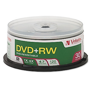 Verbatim DVD+RW Blank Discs 4.7GB 4X Recordable Discs - 30pk Spindle 94834,Silver