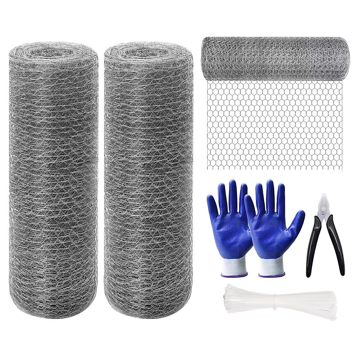 Chicken Wire, 2 Rolls of 15.7“ ×393.7” Chicken Wire Net for Craft, Chicken Wire Fence Mesh with Plier, Protective Gloves, Cable Zip Ties for Crafts Garden Poultry Chicken Coops Rabbit Rodent Cage