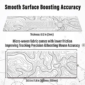 Ovenbird Large Gaming Mouse Pad with Stitched Edges, Minimalist Topographic Map Desk Mat, Extended XL Mousepad with Anti-Slip Base, Cool Desk Pad for Keyboard and Mouse, 31.5 x 11.8 in, White