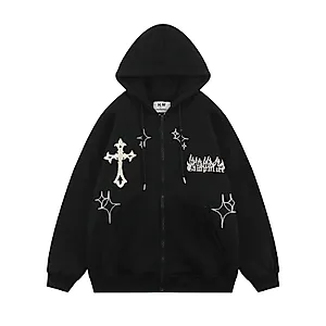 Ponitrack Aesthetic Hoodie Y2K Hoodie Gothic Hoodie Flame Cross Print Streetwear Women Oversized Hoodie Zip Up (Black,L,Large)