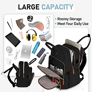 TEMASOL Laptop Backpack for Women, 15.6 Inch Anti Theft Travel Backpacks with USB Charging Port, Water Resistant Stylish College Business Office Teacher Nurse Computer Bag Carry On Daypack, Black