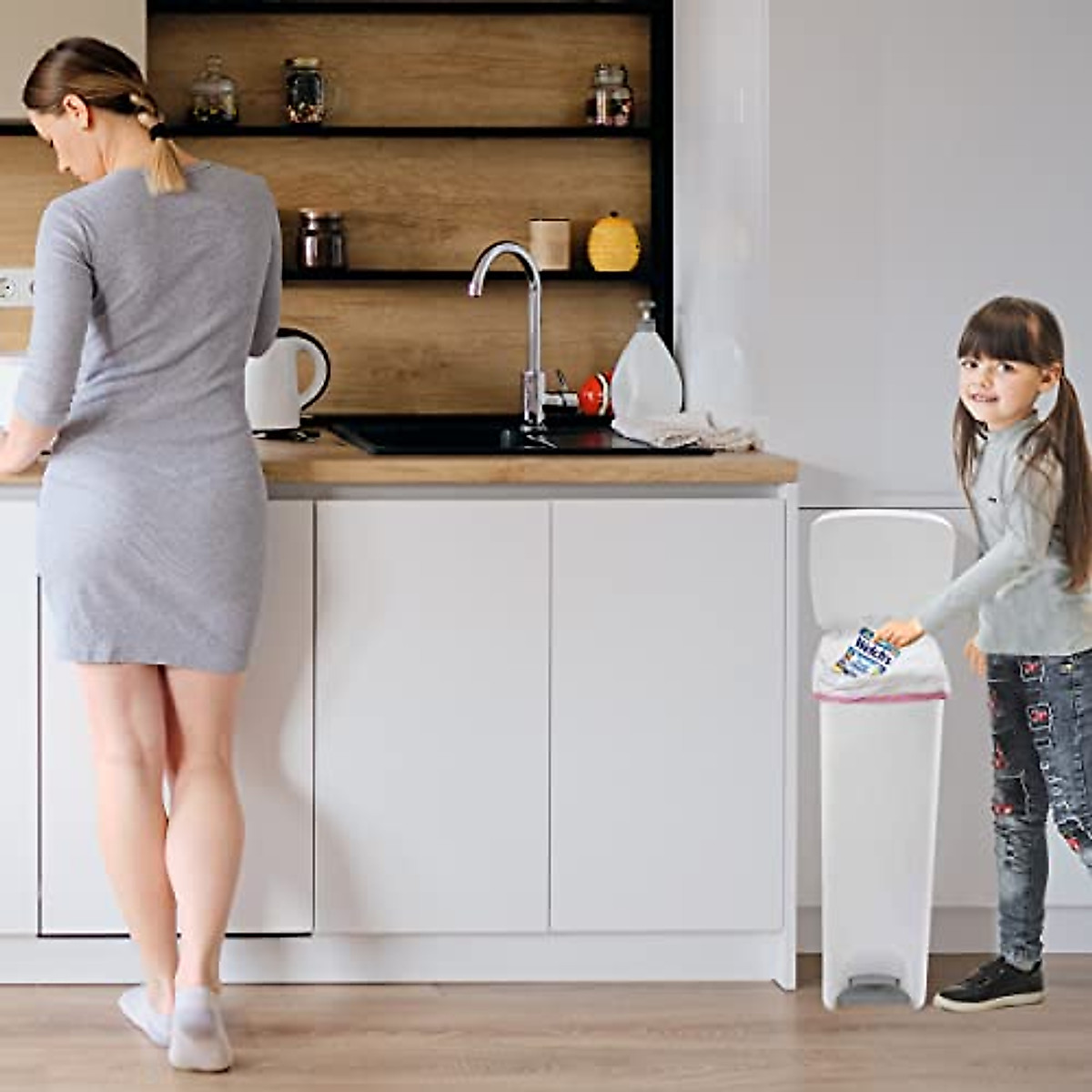 Sterilite Slim Trash Can with Lid, Step On 11 Gal White Kitchen Garbage Can for Bathroom, Bedroom, Home, and Outdoor, Wholesalehome Microfiber Cleaning Cloth Included