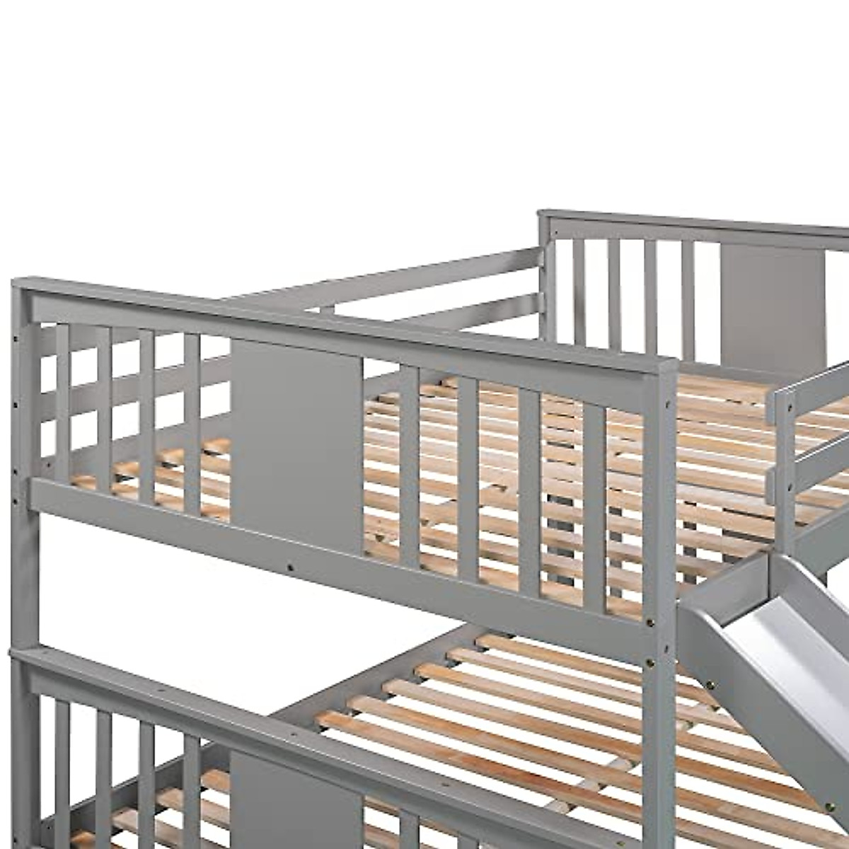ERDAYE Full Over Full Bunk Bed with Slide and Ladder, Wood Bunkbed w/Safety Guardrails, Solid Slat Support Bedframe for Kids Teens, No Box Spring Needed, Grey