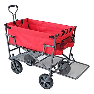 MacSports Double Decker Heavy Duty Steel Frame Collapsible Outdoor 150 Pound Capacity Yard Cart Utility Garden Wagon with Lower Storage Shelf, Red
