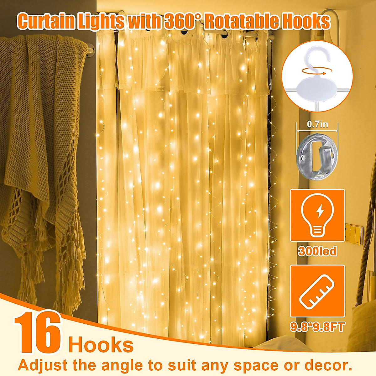 SINAMER White Curtain Light for Bedroom, 300 LED 9.8ft x 9.8ft Curtain String Light with 16 Hooks, 8 Models Remote Control, Window Fairy Light with USB for Wedding Party Home Garden Indoor Decorations