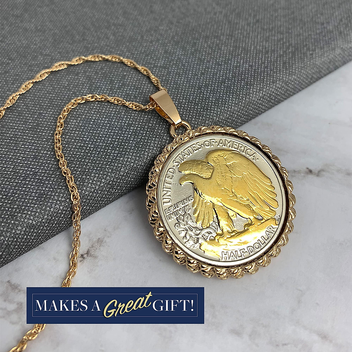 American Coin Treasures Coin Pendant Necklace Walking Liberty Half Dollar– United States Genuine Coin | Eagle Reverse Side| Goldtone 24 Inch Rope Chain | Certificate of Authenticity