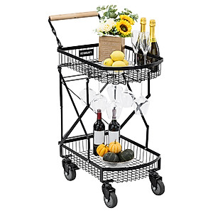 Gurblofy Bar Cart, Foldable Serving Cart for Home, Bar Cart with Wheels, Black Bar Cart with Glass Holder and Wine Rack, Indoor & Outdoor Kitchen, Dining Room, Patio, Party Cart, GBBC-B