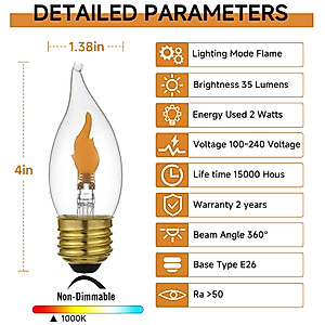 XIAOKALAMI LED Flame Effect Light Bulb E26 Flickering Candle Light Bulbs Crystal Clear Candle Bulb for E26 Edison Base (Non-Dimmable, C11/C35(2pack))