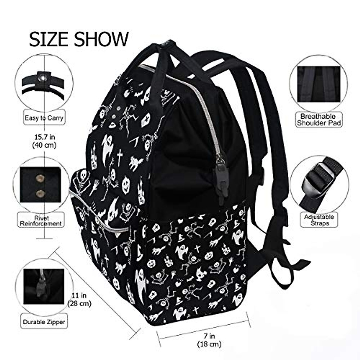 MERRYSUGAR Diaper Bag Backpack Halloween Skull Black Baby Bag School Backpack Mommy Bag Large Multifunction Travel Bag