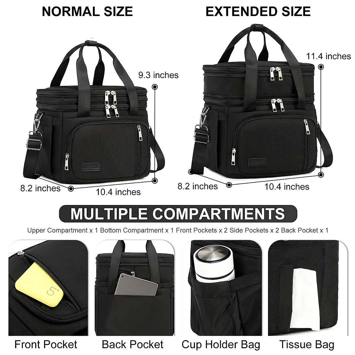 MAPLELILY Lunch Box for Men Women - Double Deck Insulated Lunch Bag, Large Leak Proof Tote Cooler, Wide Open Dual Compartment Lunch Bags with Shoulder Strap, For Work Picnic Hiking Beach, Black