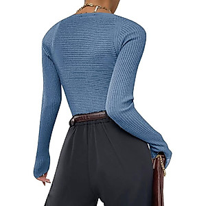Women V Neck Sexy Crop Sweater Pullover Long Sleeve Ribbed Knit Fitted Slim Casual Tops Blue