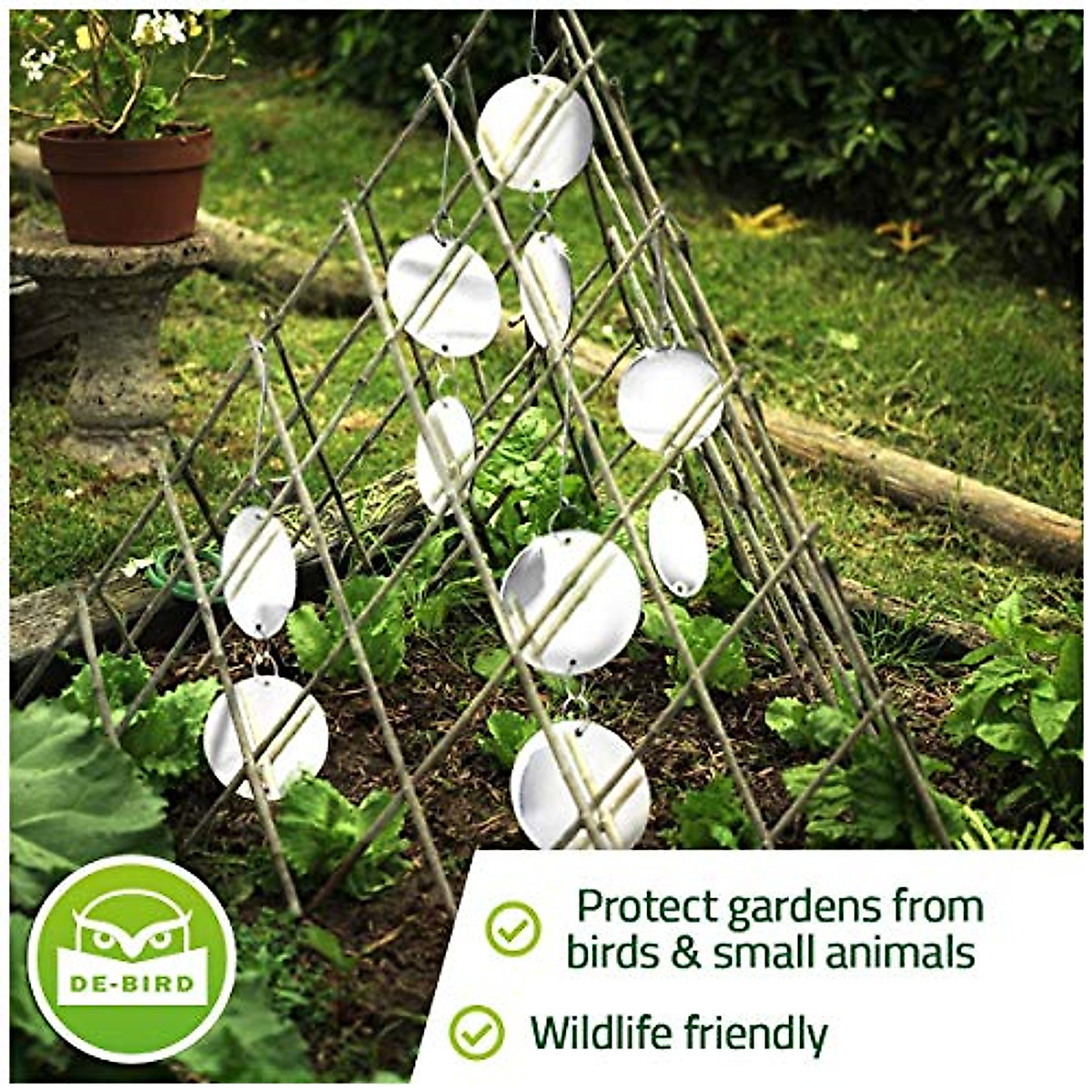 De-Bird Bundle Includes: 8 pk Reflective Repellent Disks & Heavy Duty Bird Netting to Keep Away Woodpecker, Pigeons, and Protect Plants & Fruit Trees