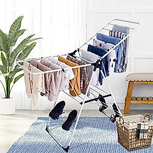 Tangkula Clothes Drying Rack, Collapsible Laundry Rack with Hanging Rods, Shoe Hangers, Adjustable Gullwing and Foldable Design for Space-Saving, Stainless Steel Clothing Shelf
