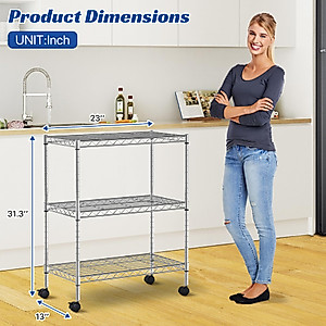 WYGMAV 3 Tier Shelf Metal Wire Shelving Unit Adjustable Storage Shelves Small Storage Rack Heavy Duty Steel Standing Shelf Units for Restaurant, Garage, Kitchen Metal Shelf with Wheels, Chrome