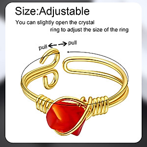 RnBLM JEWELRY 6 PCS Healing Crystal Ring for Women Irregular Crystal Gold Wire Wrapped Ring Gemstone Carnelian Rose Quartz Amethyst Evil Eye Tiger Eyes Adjustable Crystal Ring Set