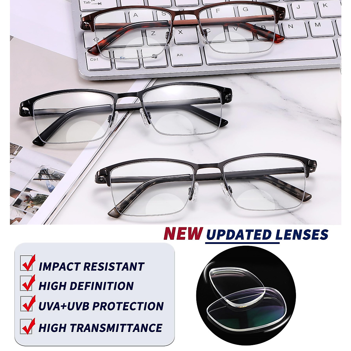 JJWELL 3 Pack Bifocal Reading Glasses for Men Blue Light Blocking, Anti Eyestrain/ Dryness/ UV Spring Hinge Bifocal Readers for Men with Pouches, Half Metal Eyeglasses (1.75)