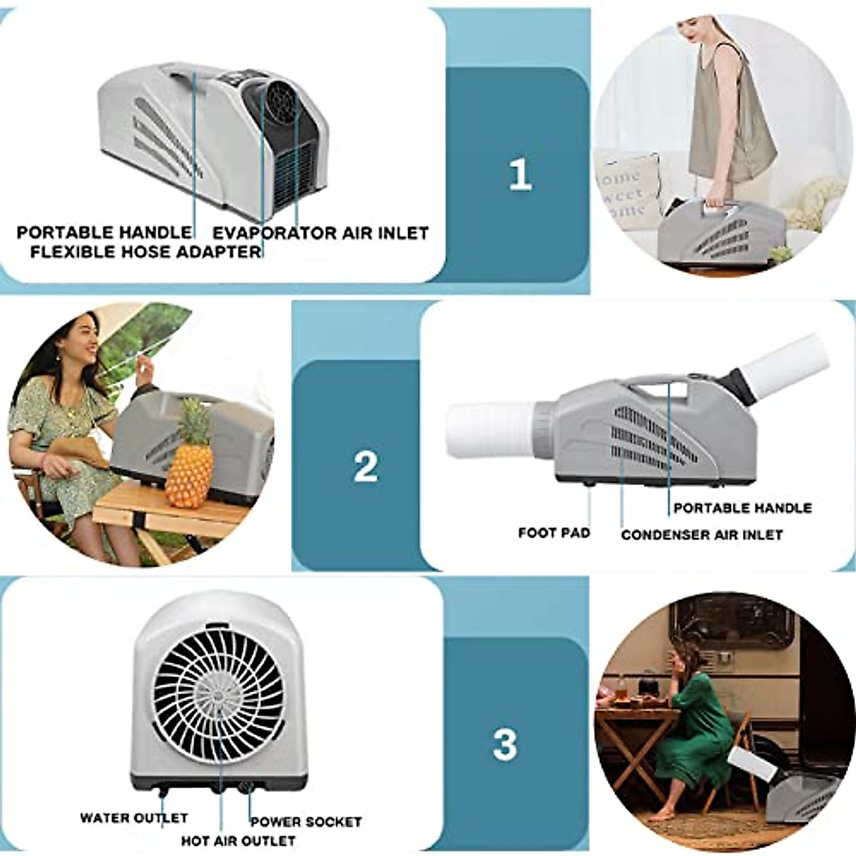 ELOMAS Portable Air Conditioners,24V 250W Mobile air Conditioner,Camping Rv Air Conditioner,Home AC Cooling Unit 2350 BTU,24V DC & 100-220VAC,3 Fan Speeds,LCD Display,for Camping Tent,Room,Car and RV