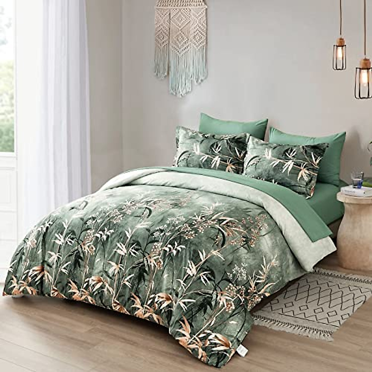 Dinjoy Botanical Comforter Set Queen 7 Pieces Bed in A Bag Dark Green Bamboo Leaves Comforter Set Soft Microfiber Queen Green Omber Comforter with Sheet (7 PCS Queen Comforter,Green)